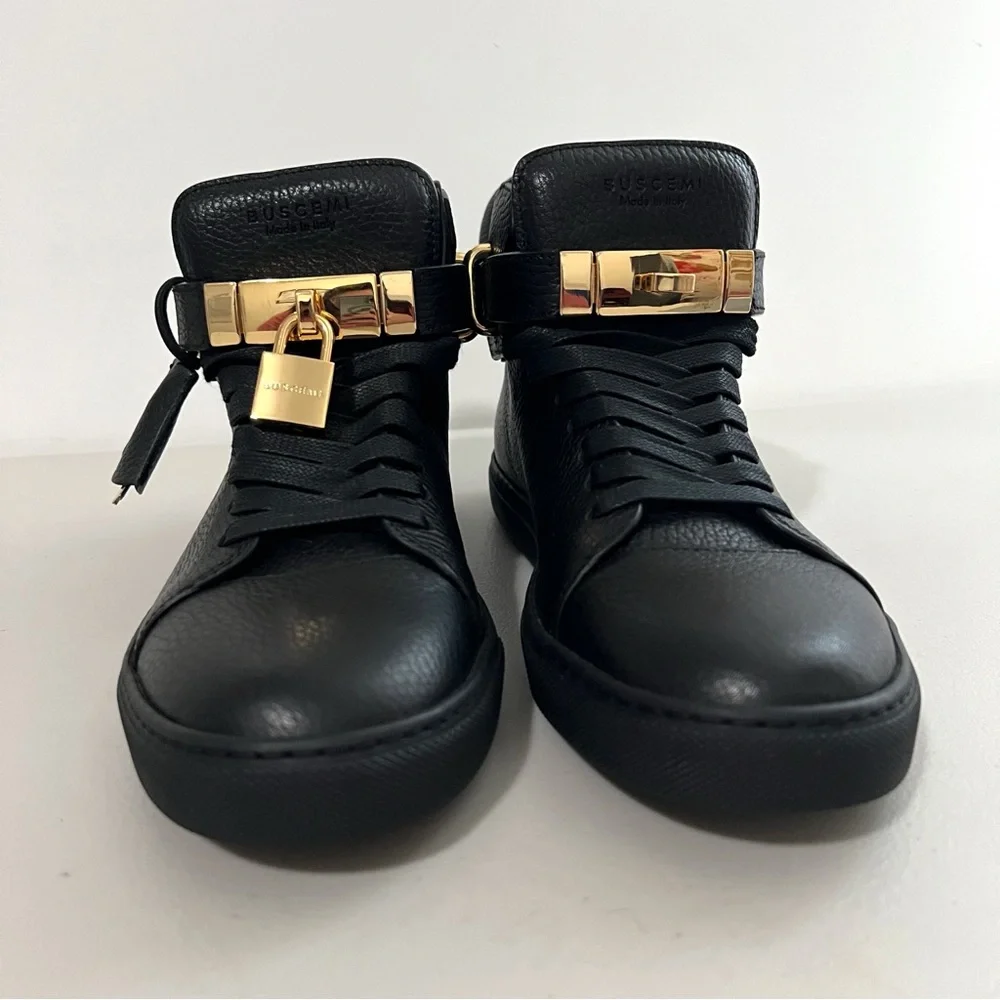 Buscemi | Shoes | New Buscemi Black Leather Hightop Sneakers Gold Lock ...